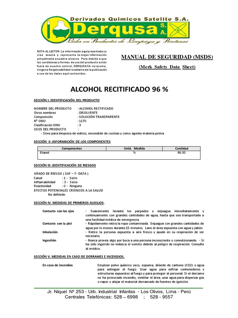 Msds Alcohol Rectificado 96 % | Etanol | Agua