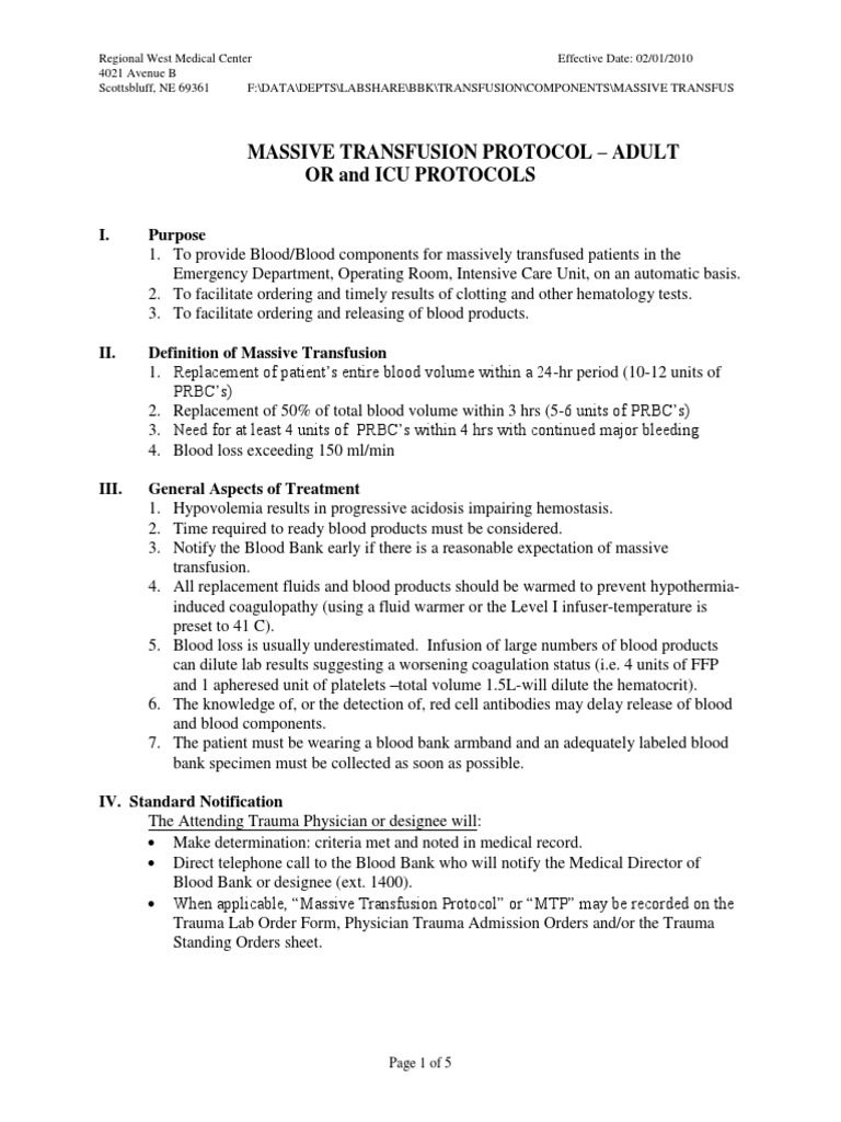 Massive Transfusion Protocol Guidelines | PDF | Blood Transfusion ...