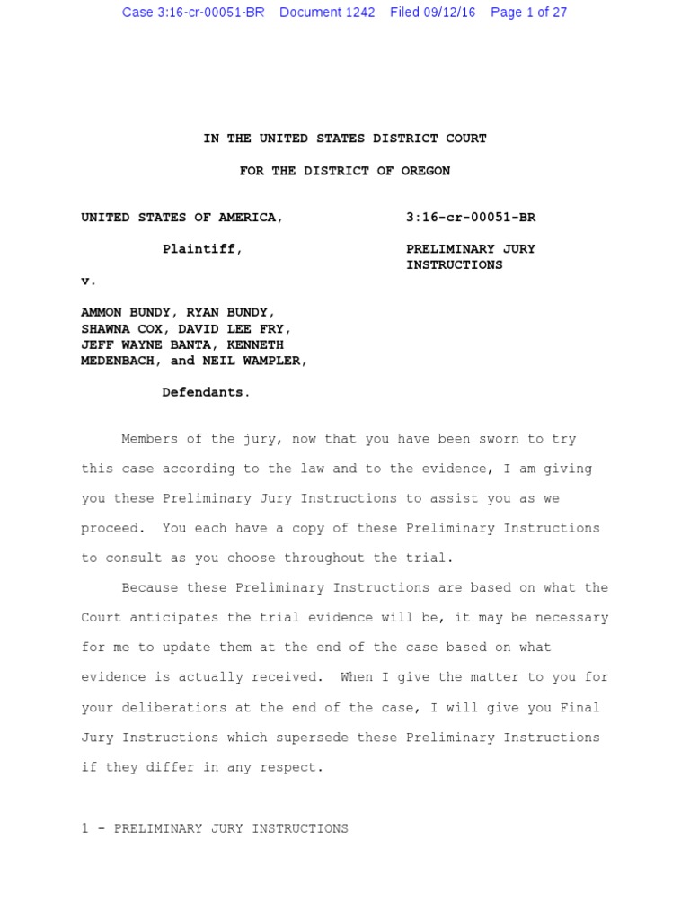 Preliminary Jury Instructions for Bundy Case | PDF | Witness ...