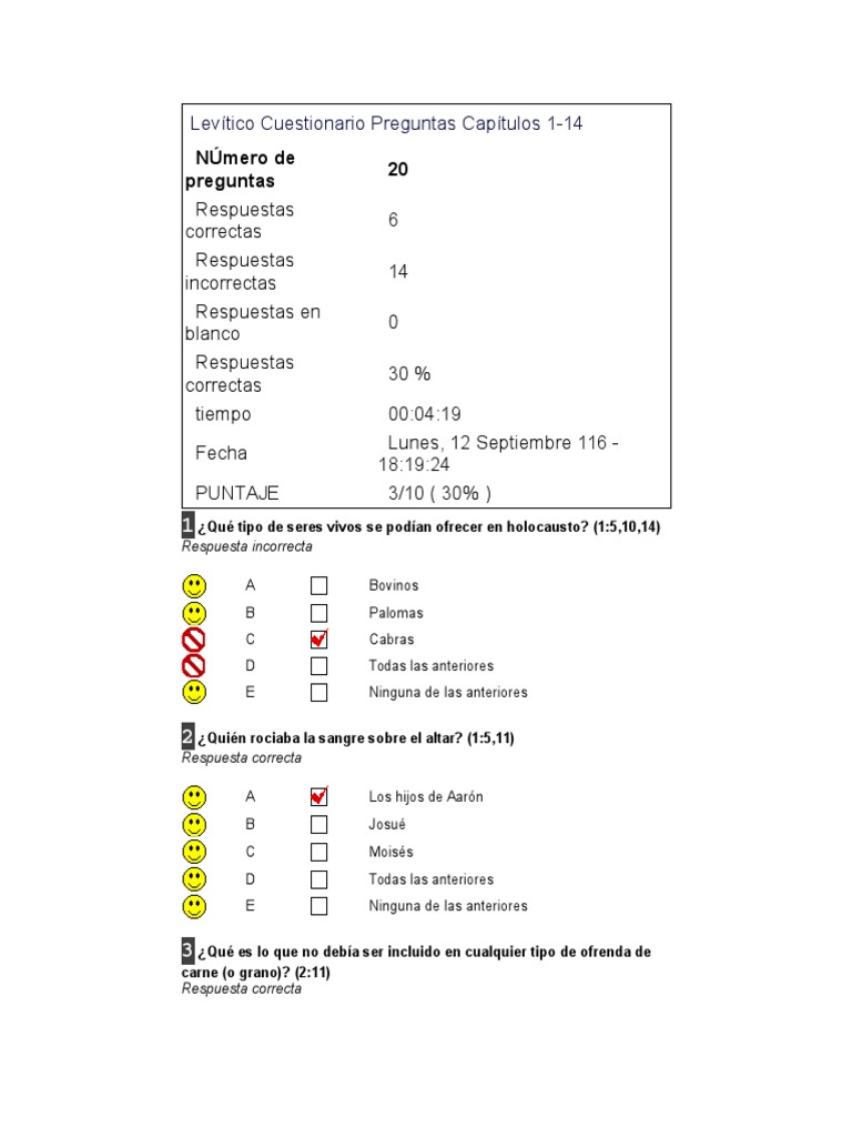 Levítico Cuestionario Preguntas Capítulos 1-27 | PDF | Religión y creencia | Personas
