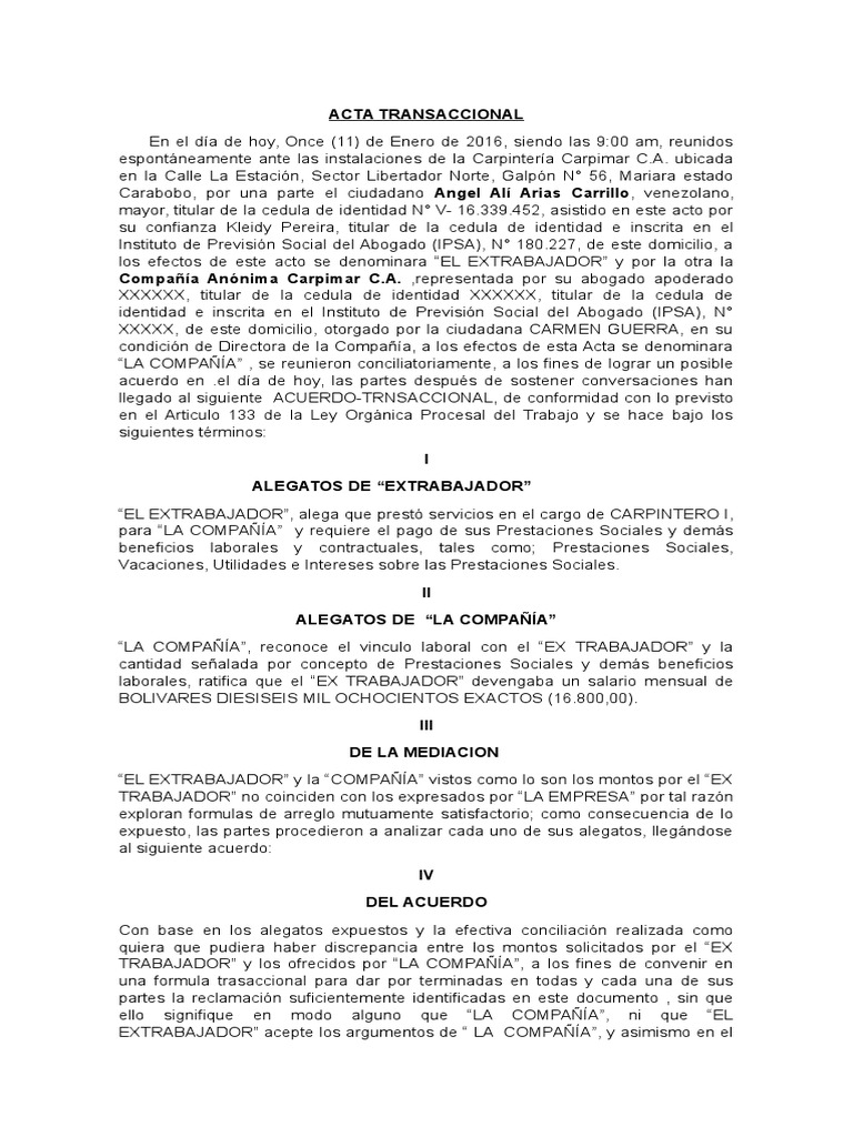 Acta Transaccional Angel Arias | PDF | Derecho laboral | Pagos