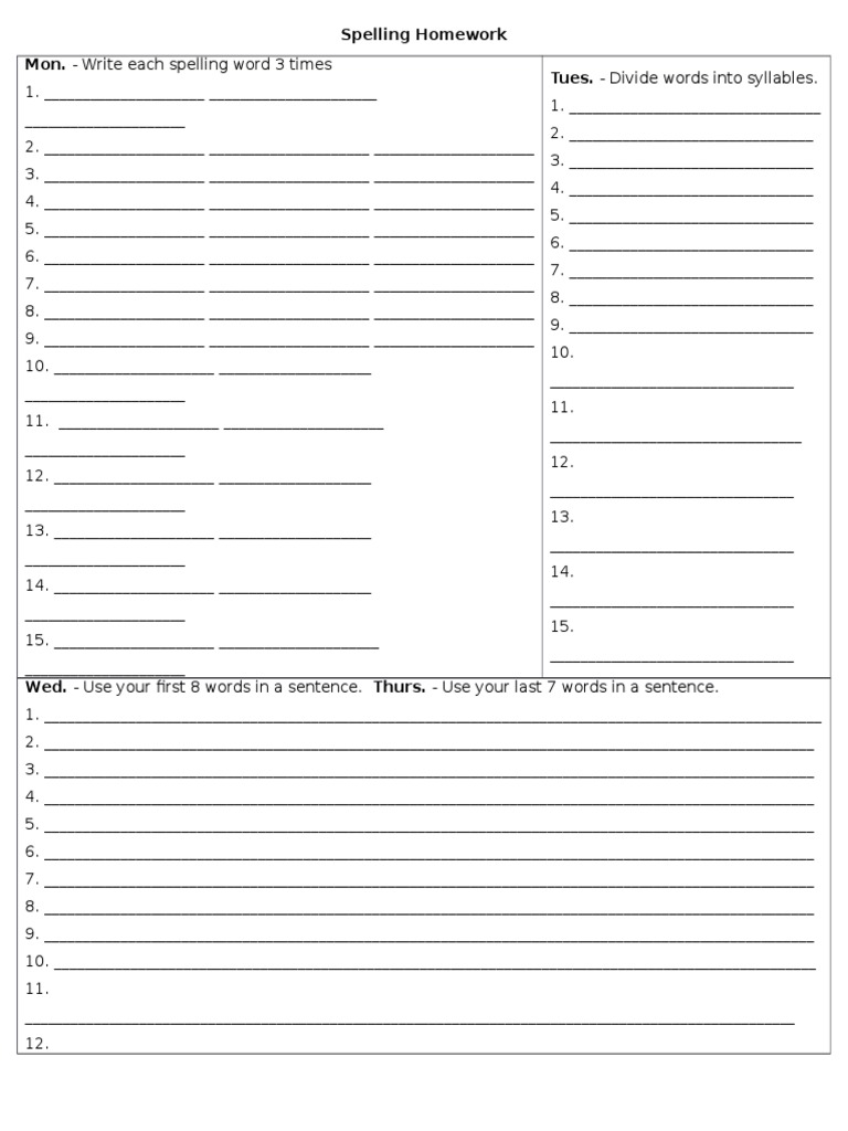 Spelling Homework Mon. - Write Each Spelling Word 3 Times Tues ...