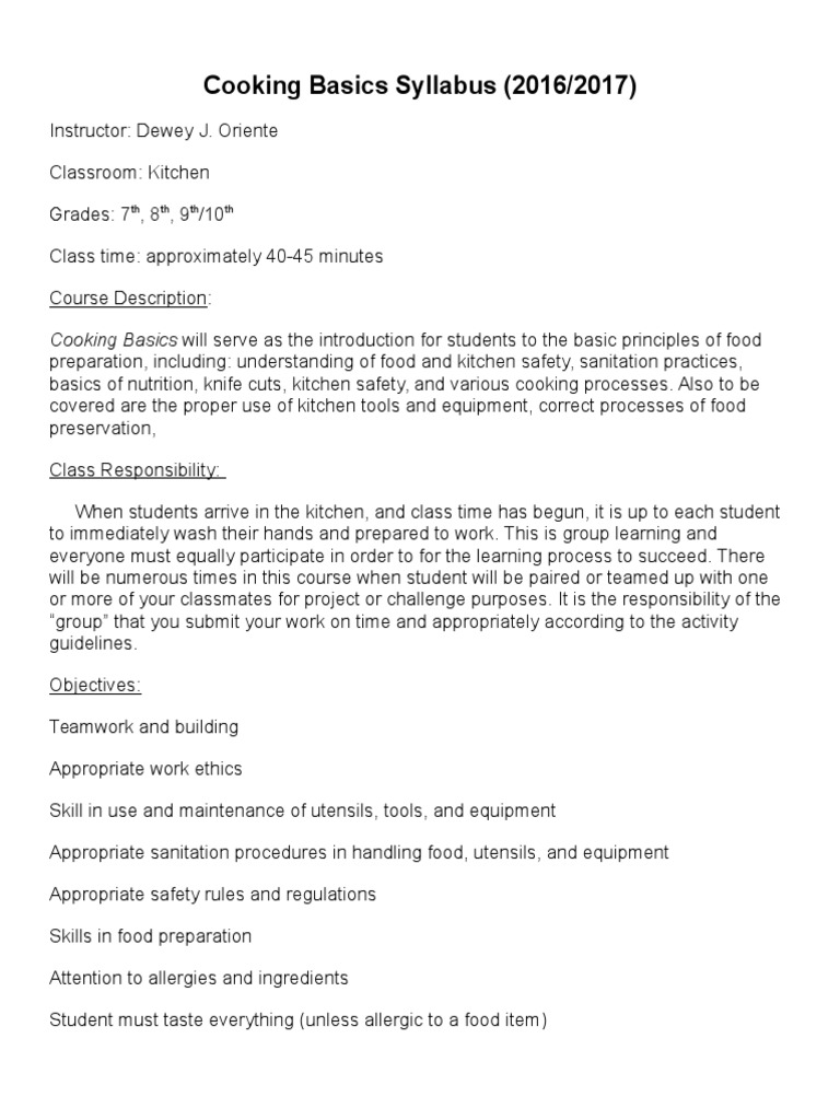 Cooking Basics Syllabus (2016/2017) | PDF | Career & Growth | Science ...