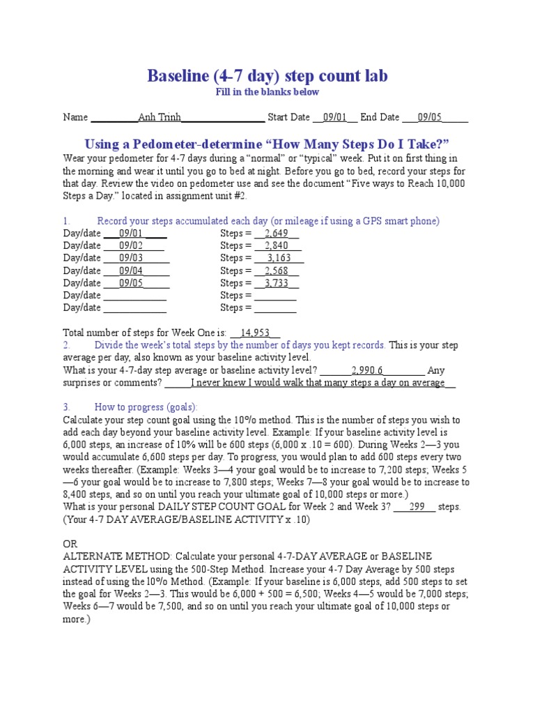 Baseline (4-7 Day) Step Count Lab: Using A Pedometer-Determine "How ...