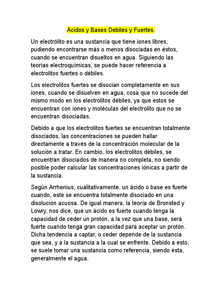 Ácidos y Bases Debiles y Fuertes | PDF | Electrólito | Ácido