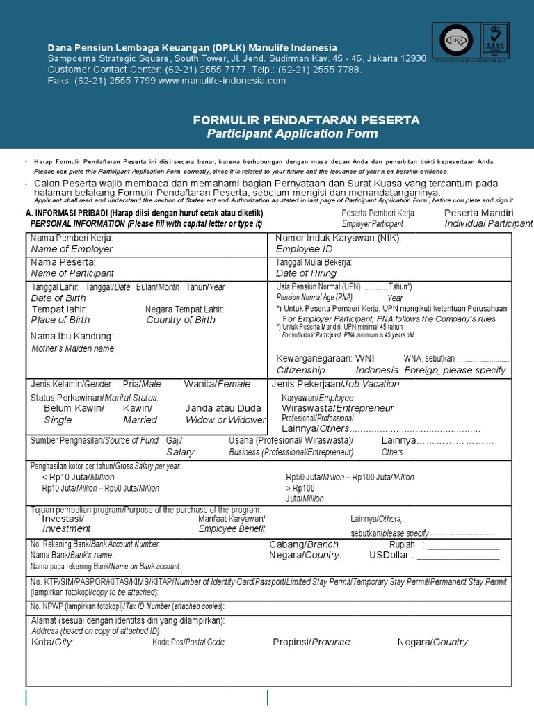 PENDAFTARAN PESERTA DPLK MANULIFE | PDF