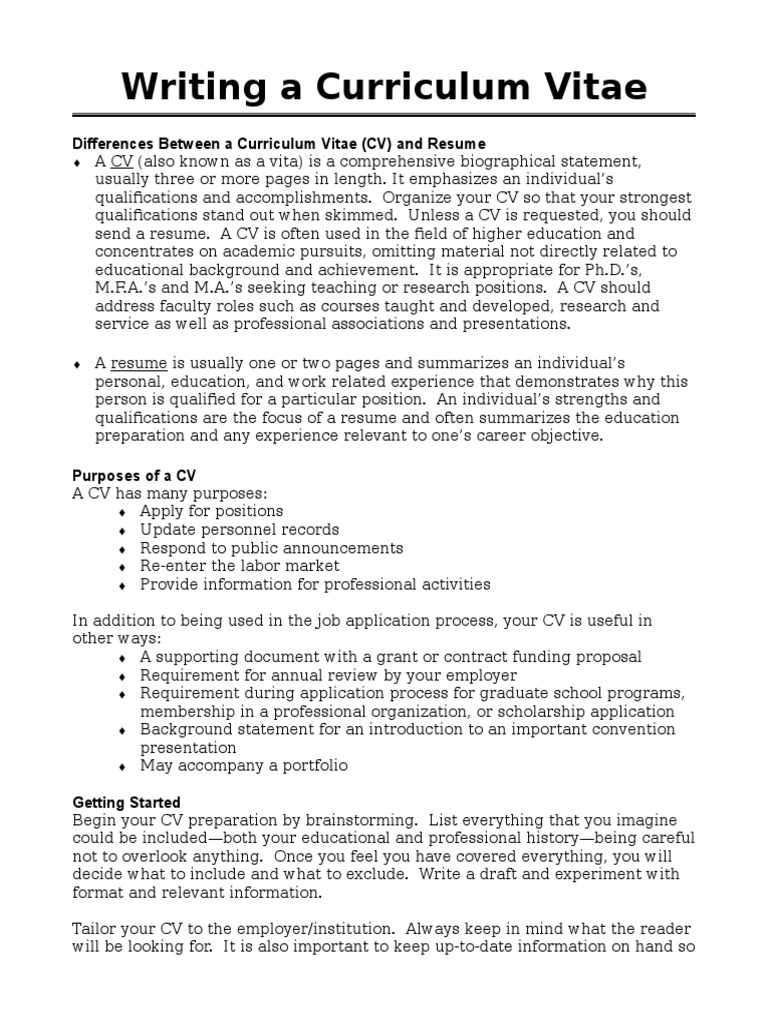 Writing A Curriculum Vitae | PDF | Résumé | Postgraduate Education