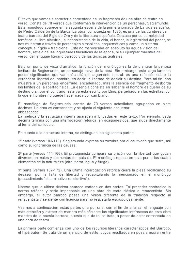 Analisis Del Primer Monologo de Segismundo - La Vida Es Sueño | PDF ...