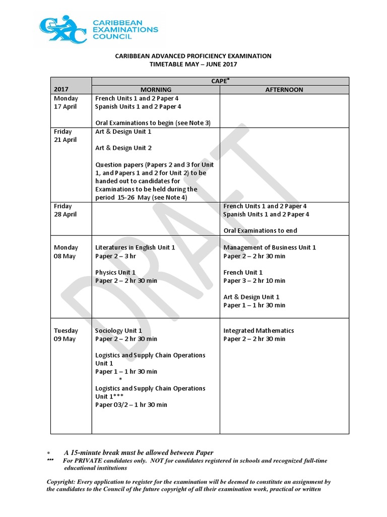 CAPE 2017 Timetable | PDF | Compact Disc | Engineering