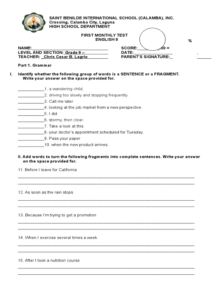 First Monthly Test - English 9 | PDF | Beowulf