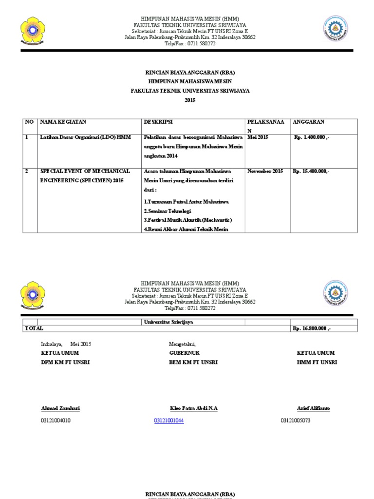 Contoh RAB (Rancangan Anggaran Belanja) HMM UNSRI | PDF