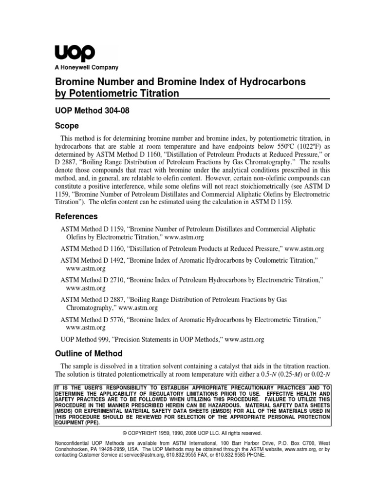 UOP 304-08 Bromine Number and Bromine Index of Hydrocarbons by ...