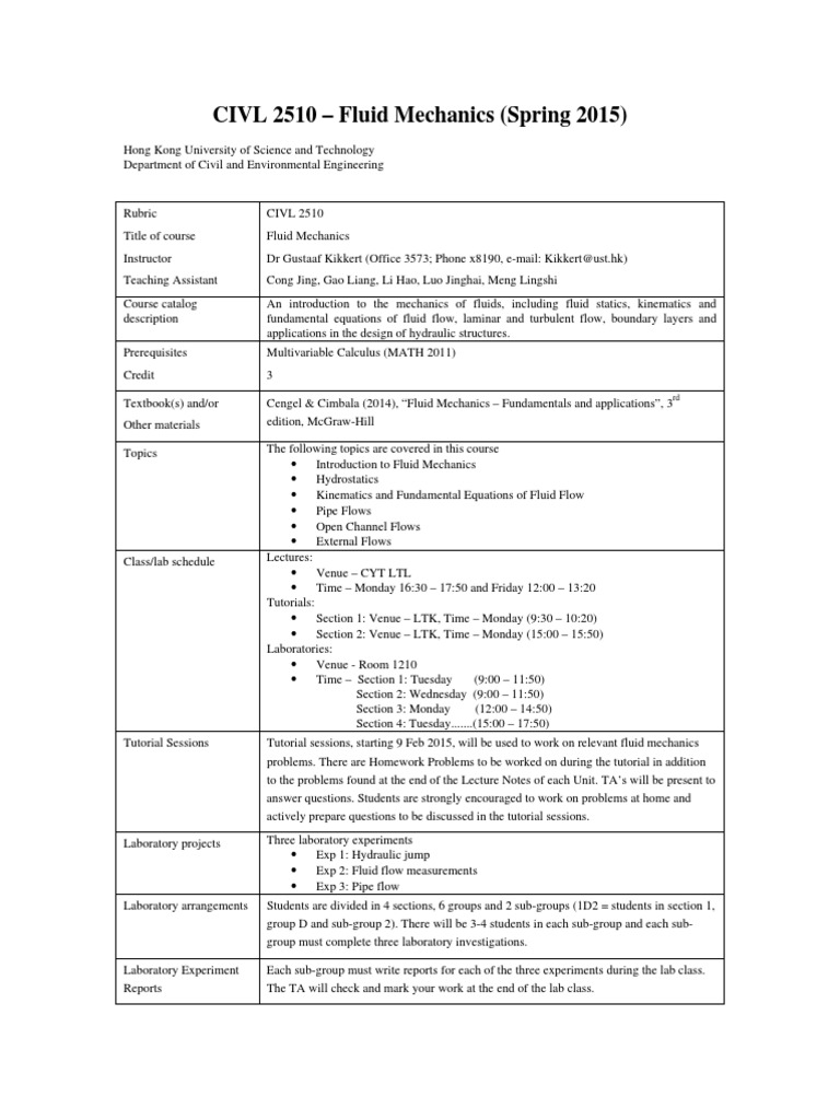CIVL 2510 - Course Syllabus | PDF | Fluid Mechanics | Engineering
