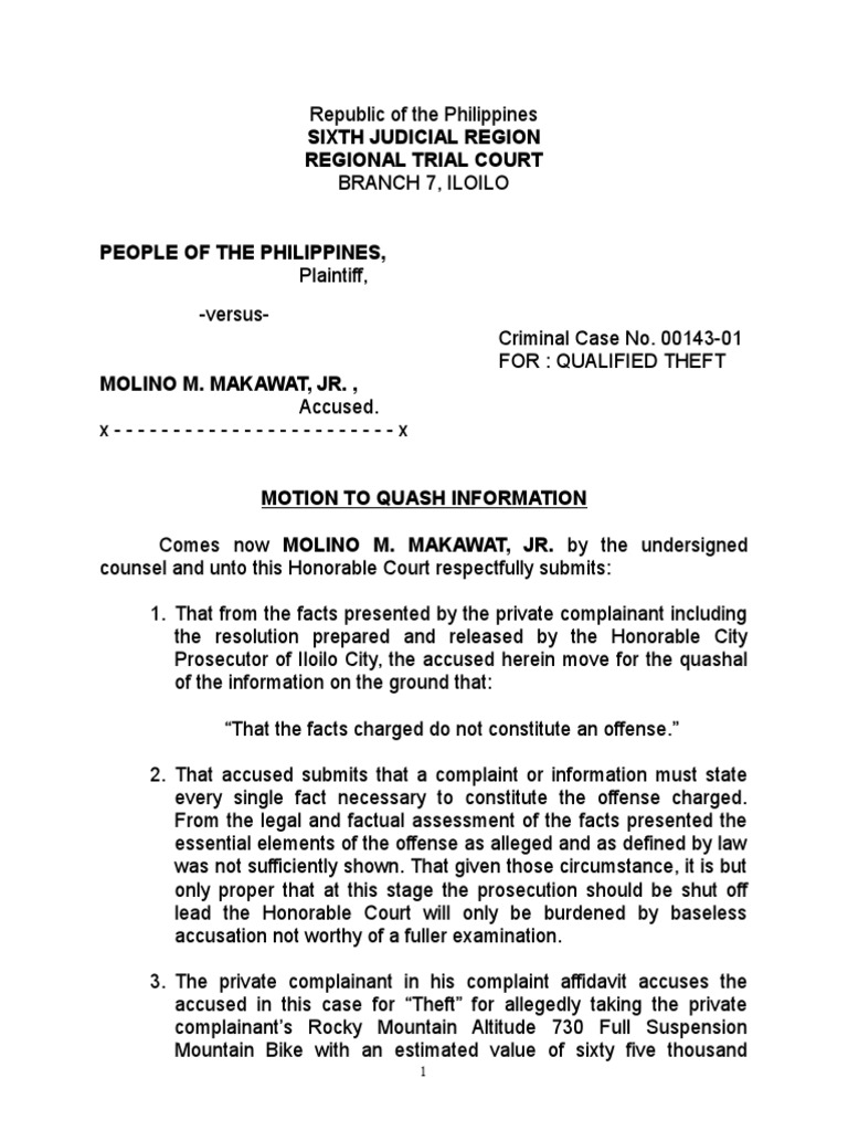 Motion to Quash Information | Prosecutor | Complaint