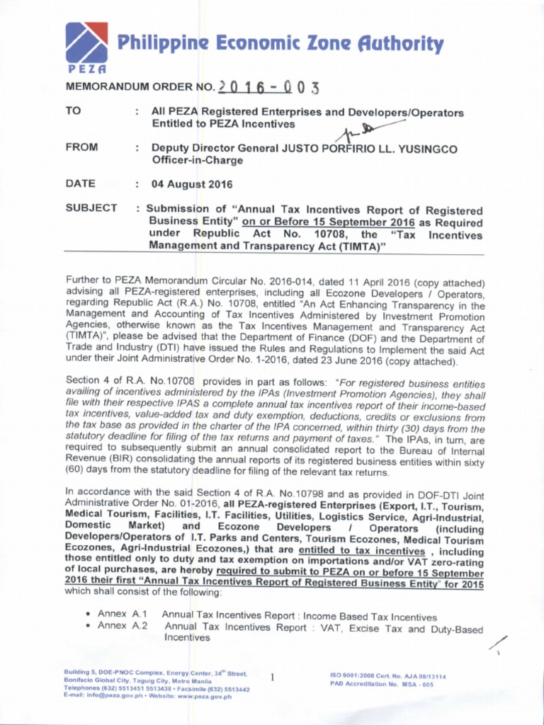 PEZA Tax Incentives Report Deadline | PDF | Tax Return (United States ...