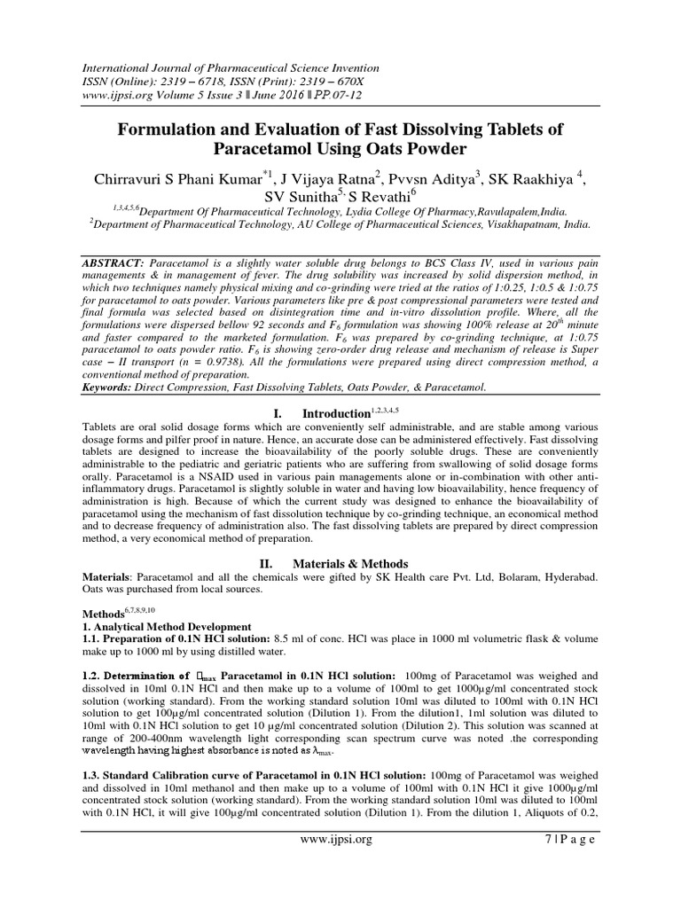 Fast Dissolving Paracetamol Tablets with Oats | PDF | Pharmaceutical ...