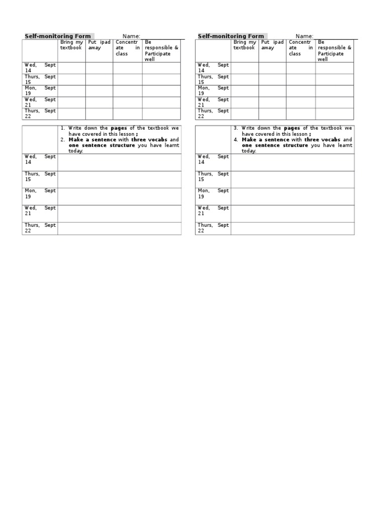 Self-Monitoring Form for Students | PDF