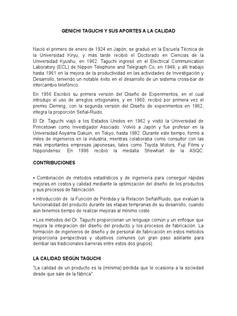 Genichi Taguchi y Sus Aportes A La Calidad | PDF | Calidad (comercial ...