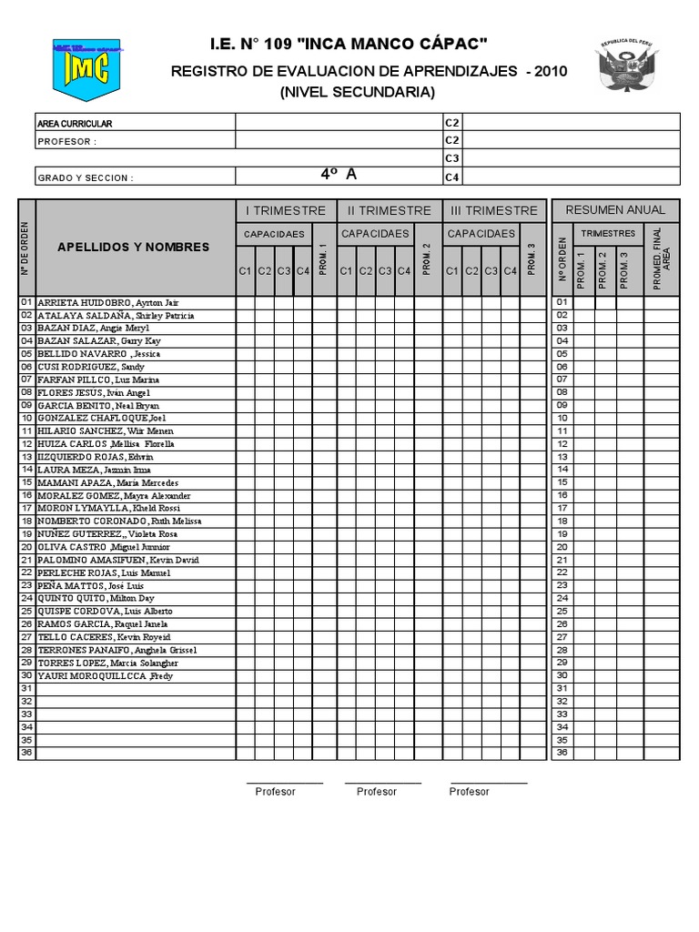 Registros 4º I.E #109 Inca Manco Capac Ugel 05 SJL Sudirector Hugo ...