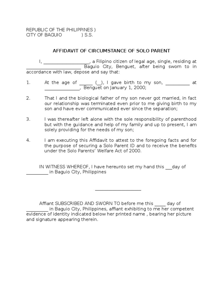 Sample Affidavit of Solo Parent | PDF | Affidavit | Public Law