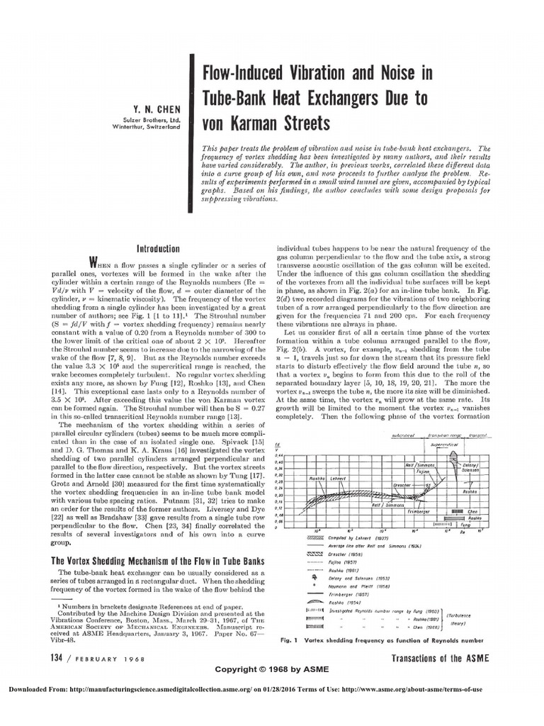 Flow-Induced Vibration and Noise in Tube-Bank Heat Exchangers Due To Von Karman Streets Chen, Y ...