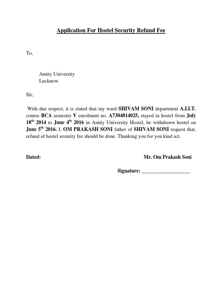 Application For Hostel Security Refund Fee PDF | PDF | Business