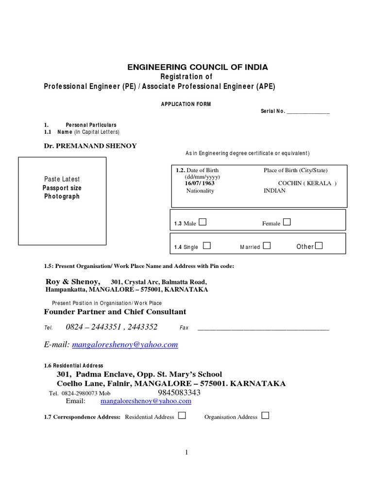 PE APE Registration Form | PDF | Engineer | Engineering