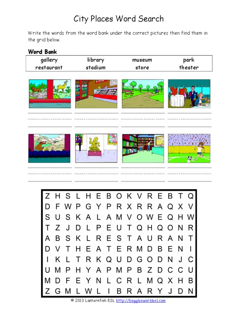 City Places Word Search: Gallery Library Museum Park Restaurant Stadium ...
