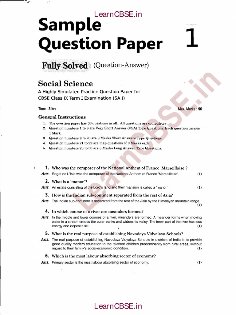 Cbse Class 9 Sample Papers Sa1 Solved Social Science 01 | PDF