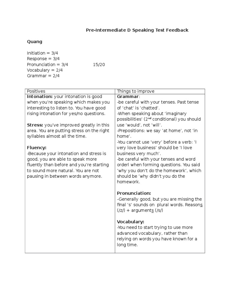 Speaking Test Feedback | Stress (Linguistics) | Vocabulary
