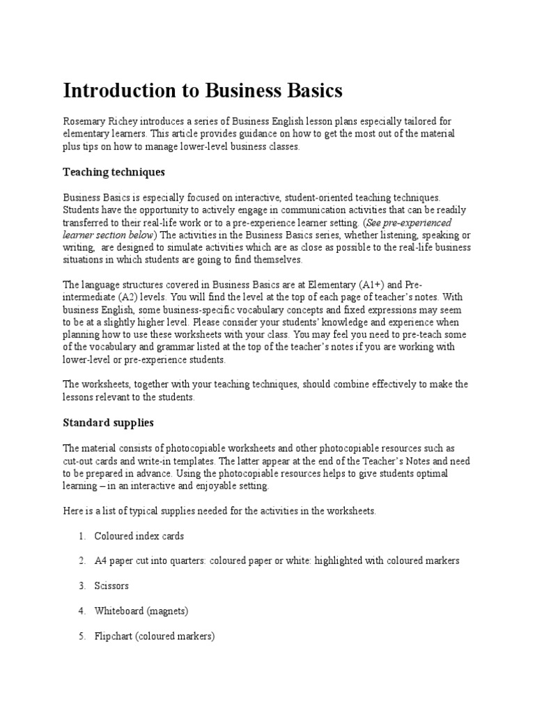 Introduction To Business Basics | PDF | Vocabulary | Lesson Plan