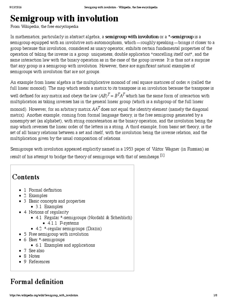 Semigroup With Involution: From Wikipedia, The Free Encyclopedia | PDF | Category Theory ...