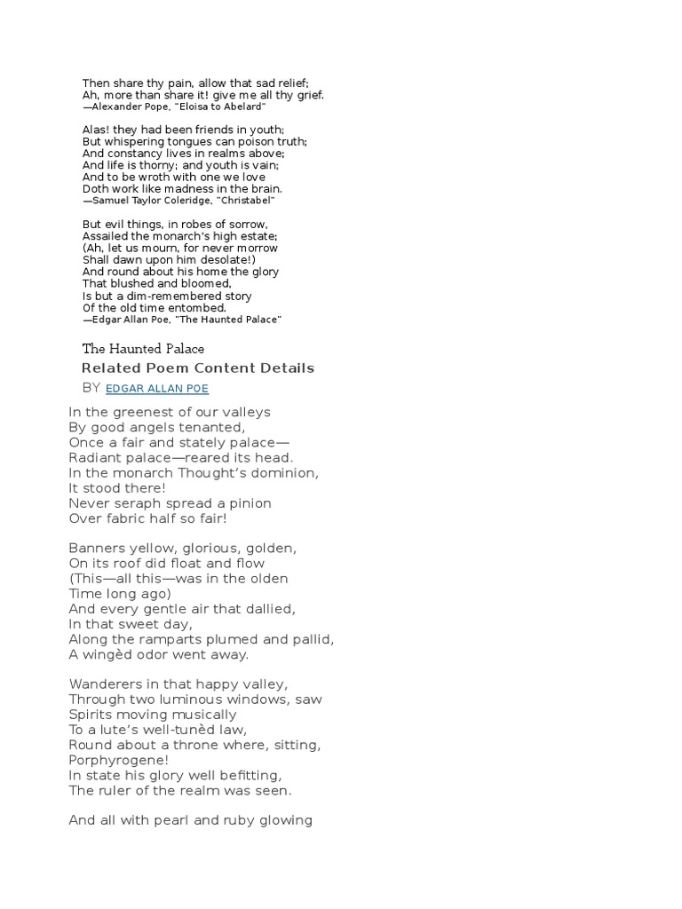 The Haunted Palace: Related Poem Content Details | PDF | Poetry