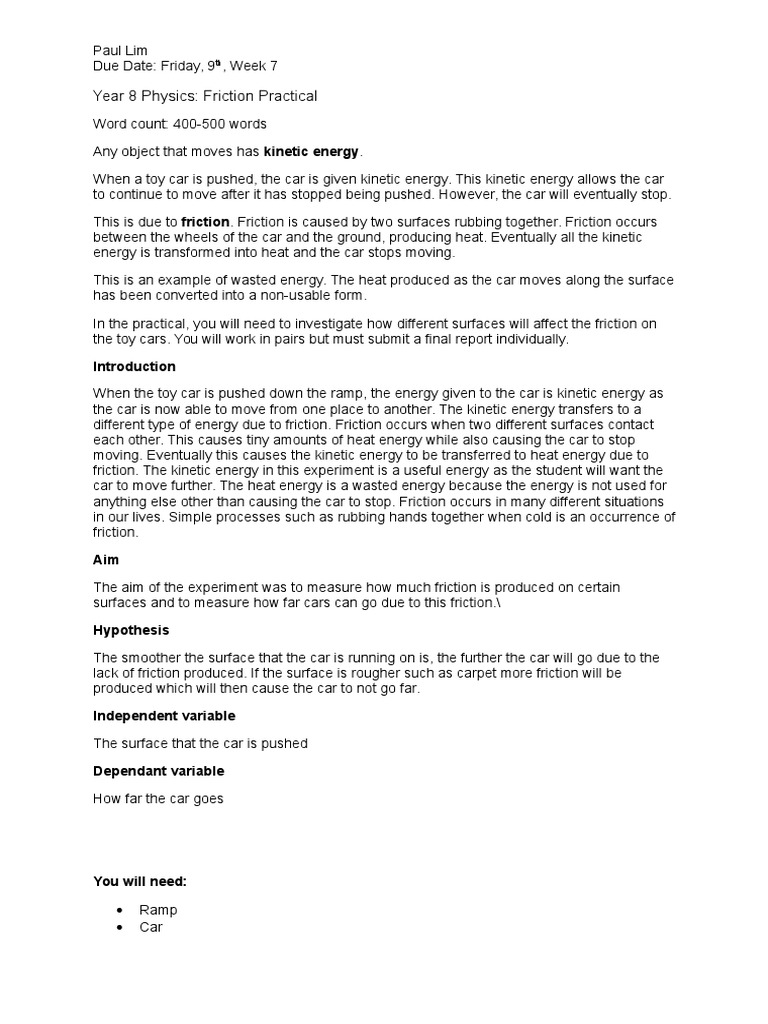 Year 8 Physics Friction Practical | PDF | Friction | Kinetic Energy