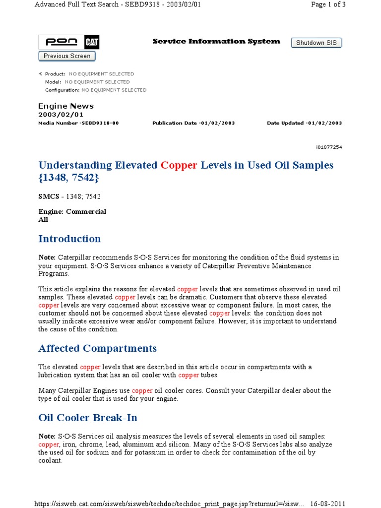Caterpillar Elevated Copper Levels in Used Oil Samples | PDF | Copper ...