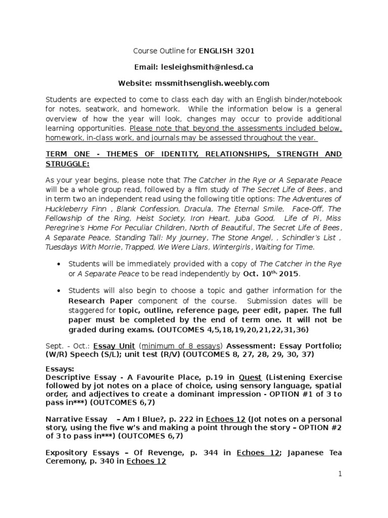 Course Outline For English 3201 2016 17 PDF Essays Poetry