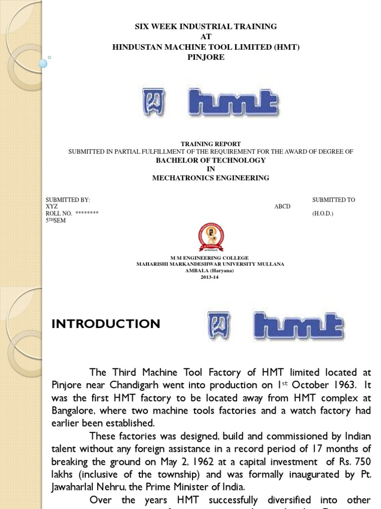 Six Week Industrial Training AT Hindustan Machine Tool Limited (HMT ...