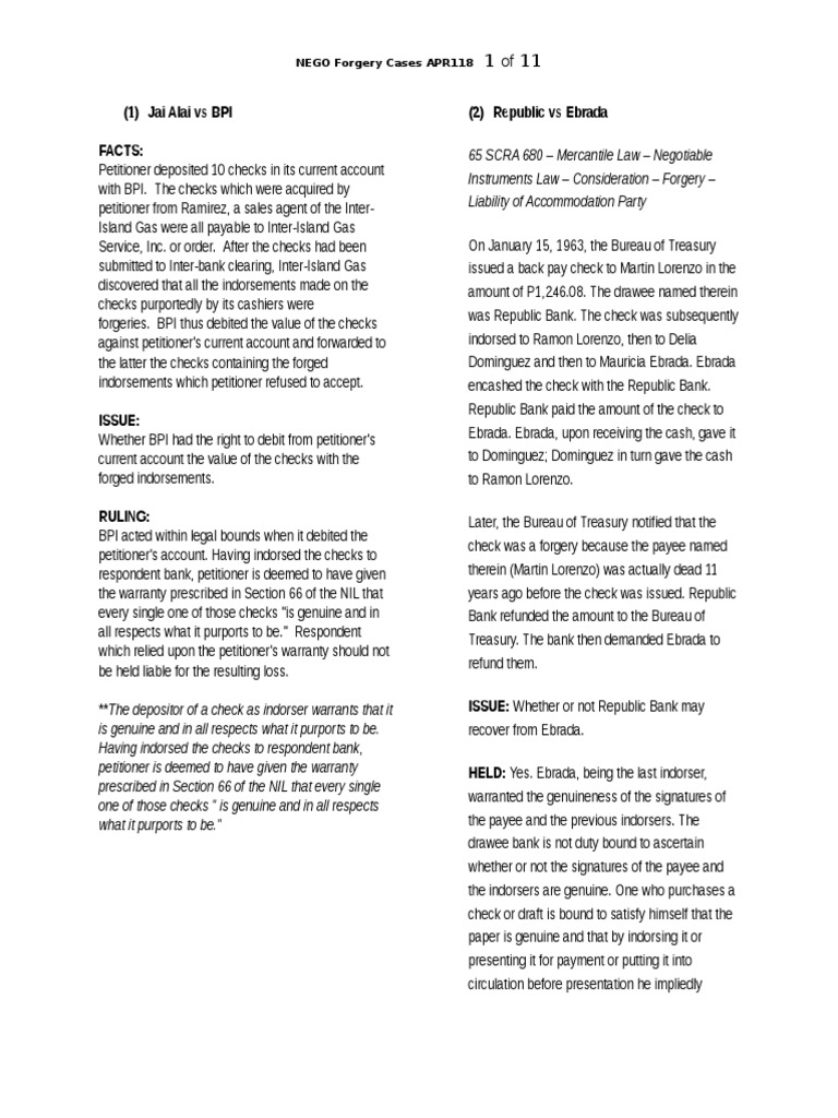 Analysis of Five Cases Involving Forgery of Negotiable Instruments and ...