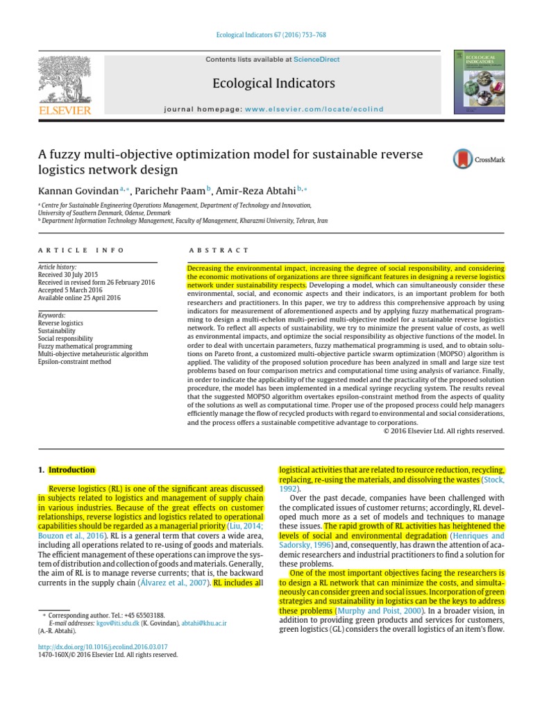 A Fuzzy Multi-Objective Optimization Model For Sustainable Reverse Logistics Network Design ...