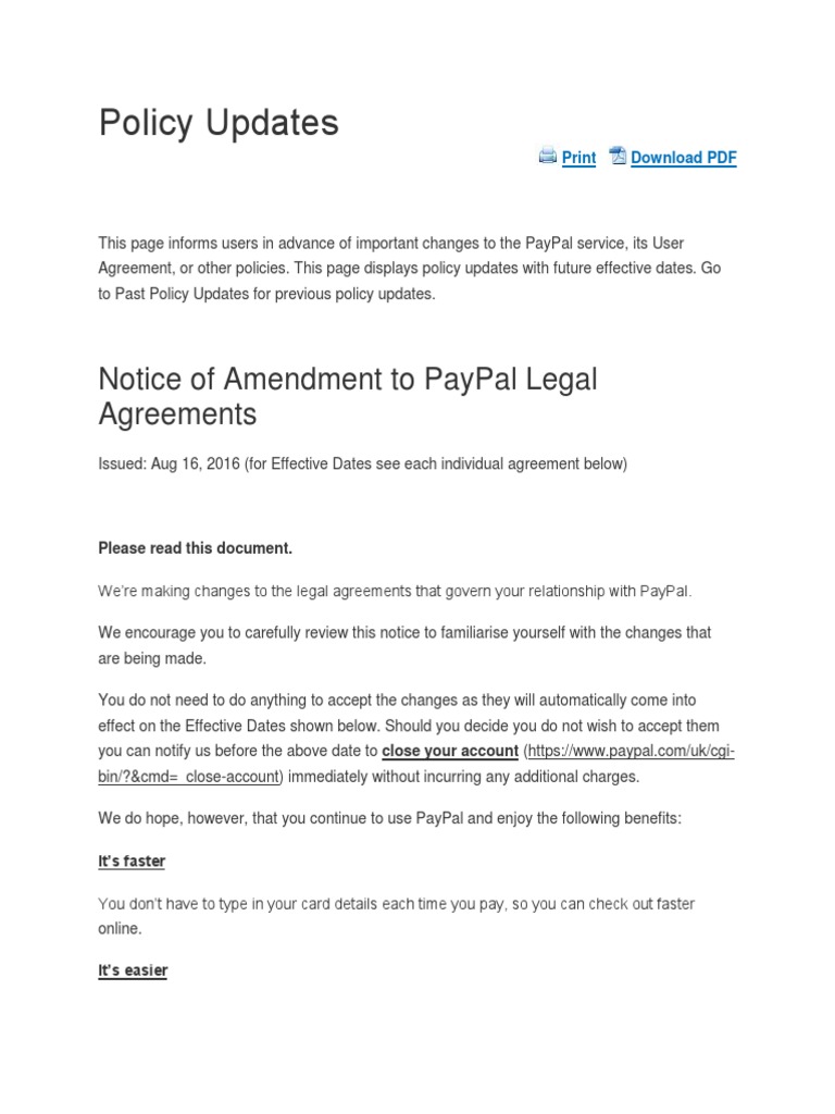 Policy Updates: Notice of Amendment To Paypal Legal Agreements | PDF ...