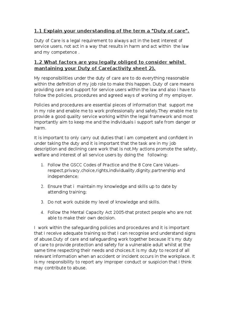1.1 Explain your understanding of the term a "Duty of care" | Duty Of ...