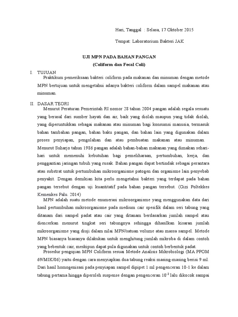 Uji MPN Pada Bahan Makanan | PDF