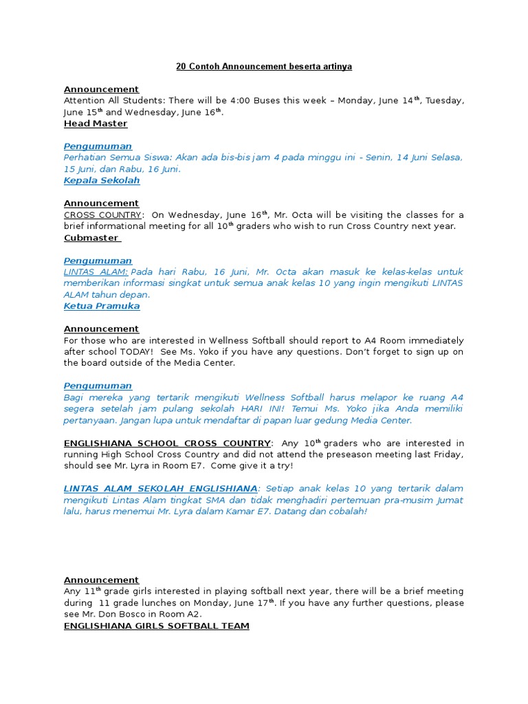 20 Contoh Announcement Beserta Artinya | PDF
