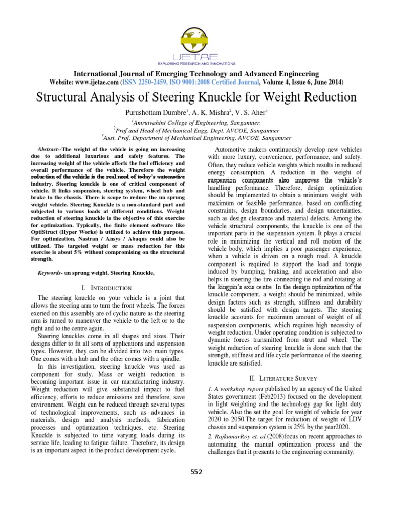Structural Analysis of Steering Knuckle For Weight Reduction | PDF ...