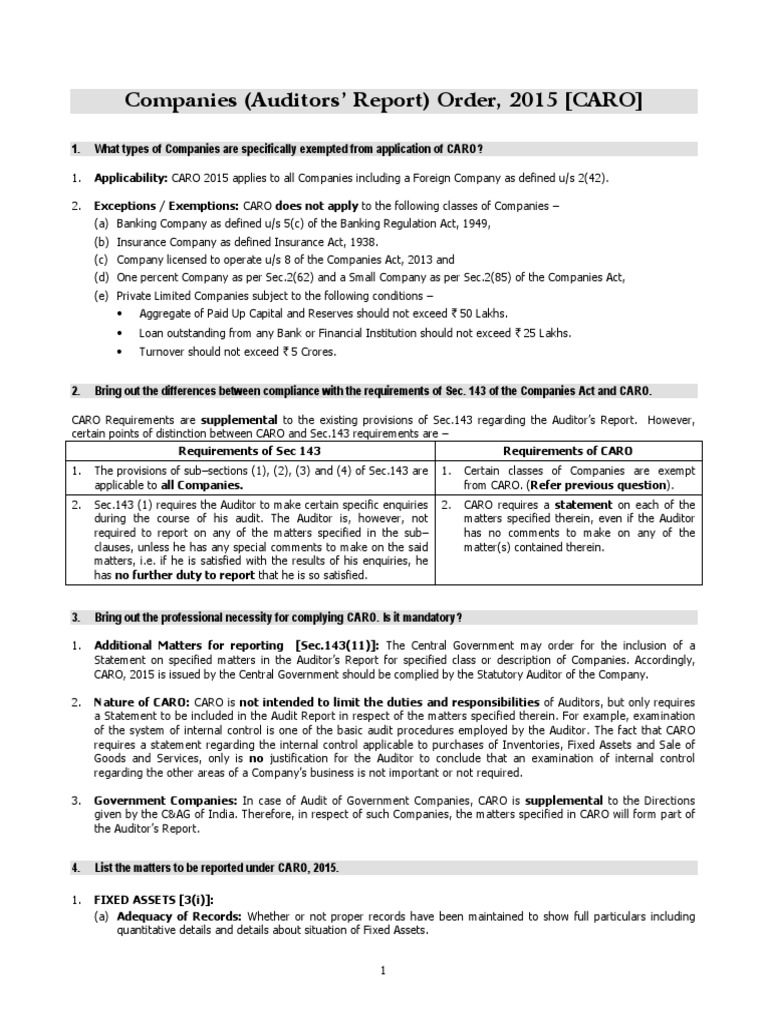 Companies (Auditors' Report) Order, 2015 (CARO) : Requirements of Sec ...