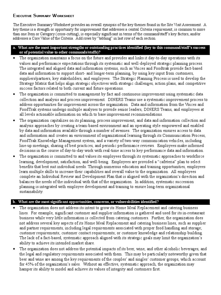 Executive Summary Worksheet - Sample2 - $1209879672959 | PDF | Supply ...