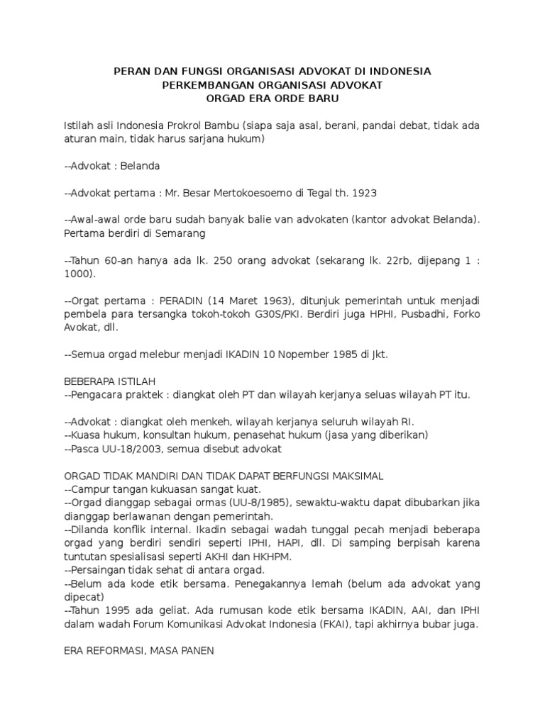 Peran Dan Fungsi Organisasi Advokat Di Indonesia Pdf