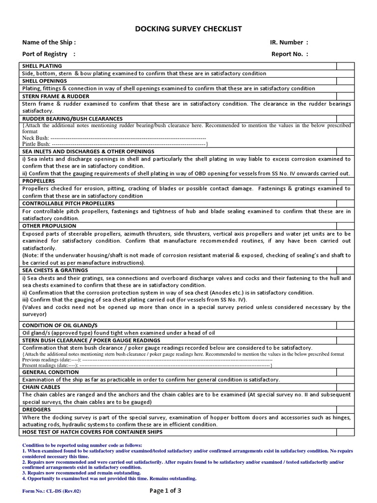 Docking Survey Checklist: Name of The Ship: IR. Number: Port of ...