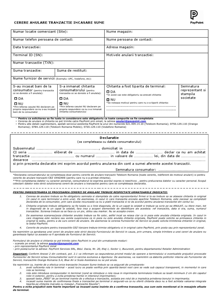 Cerere Anulare Tranzactie Incasare Sume