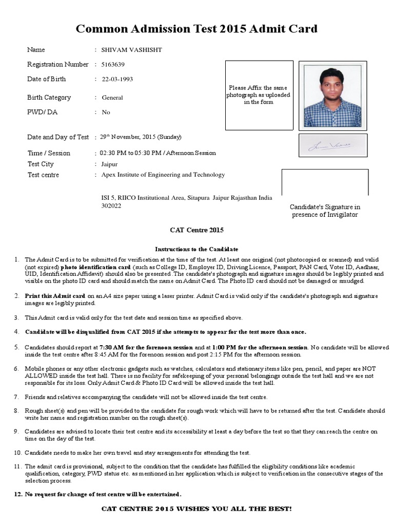 Common Admission Test 2015 Admit Card: Name Registration Number Date of ...